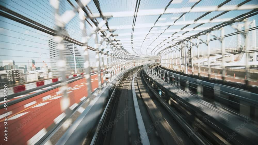 (Part 1 of 6) Point of view Yurikamome line automated train moving ...