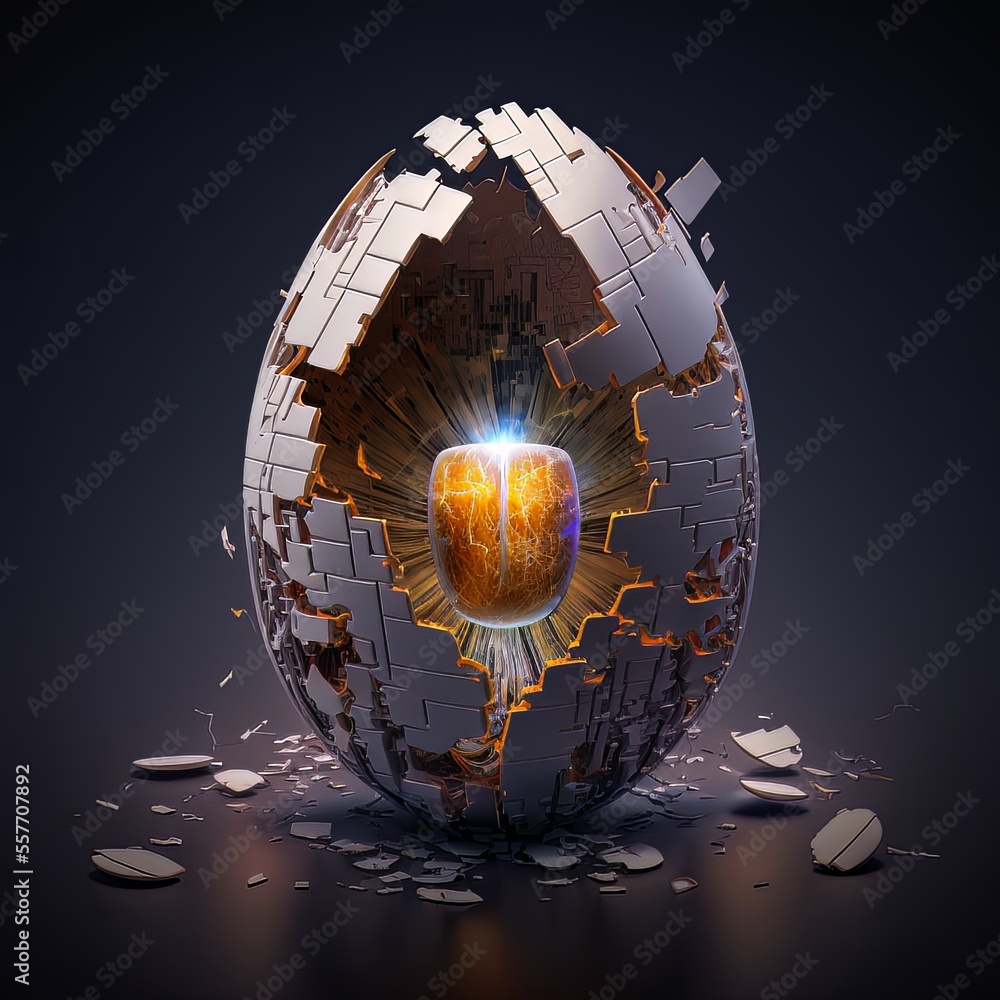 Computer generated image of cracked egg. A yellow light coming from ...
