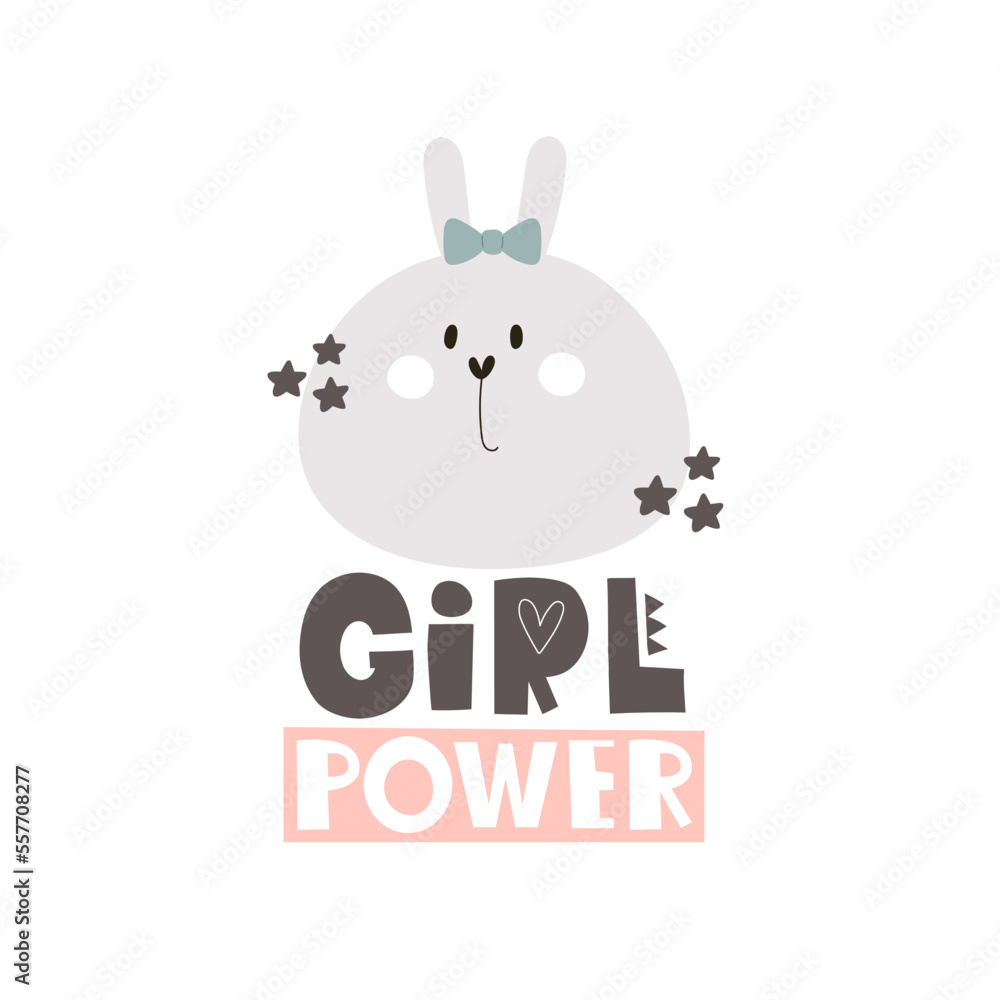 girl power. Cartoon bunny, hand drawing lettering. Flat vector ...