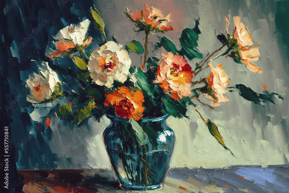 Still life painting with abstract colorful flowers, roses in a glass ...