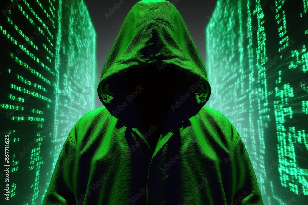 hooded hacker with green binary code background, generative ai Stock ...