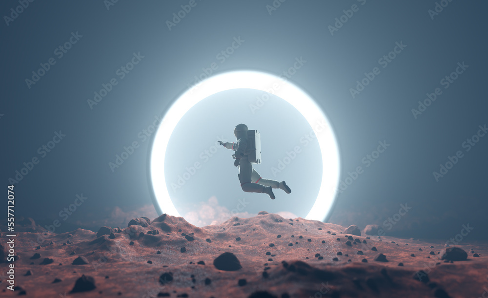Astronaut on alien planet entering spacetime portal light Stock ...