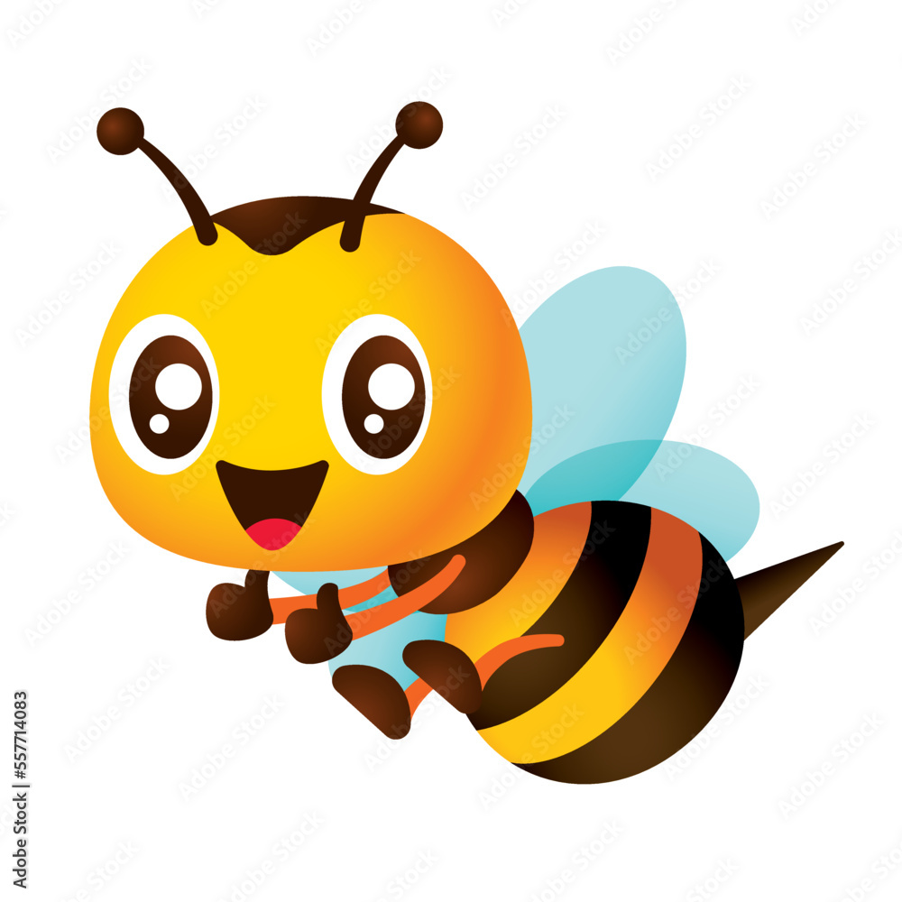 Vetor de Cartoon cute bee flying with showing thumb up hands. Happy ...