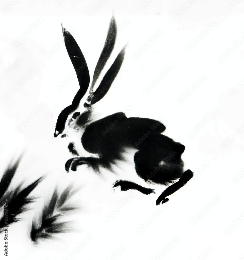 illustration of a black and white rabbit, black rabbit on white ...