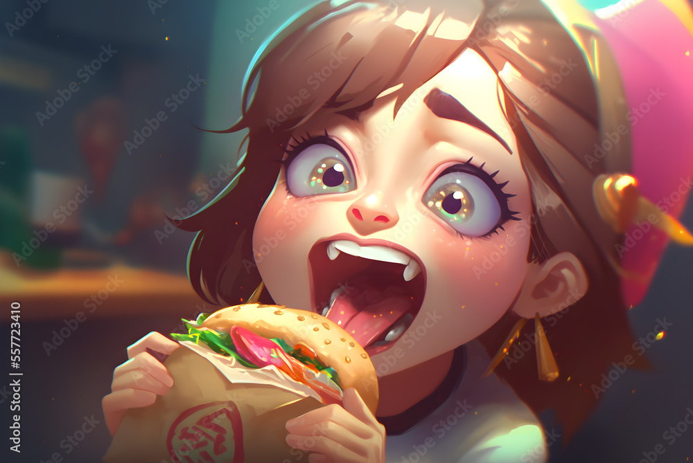 digital artwork portrait of cute cartoon character opening mouth to eat ...