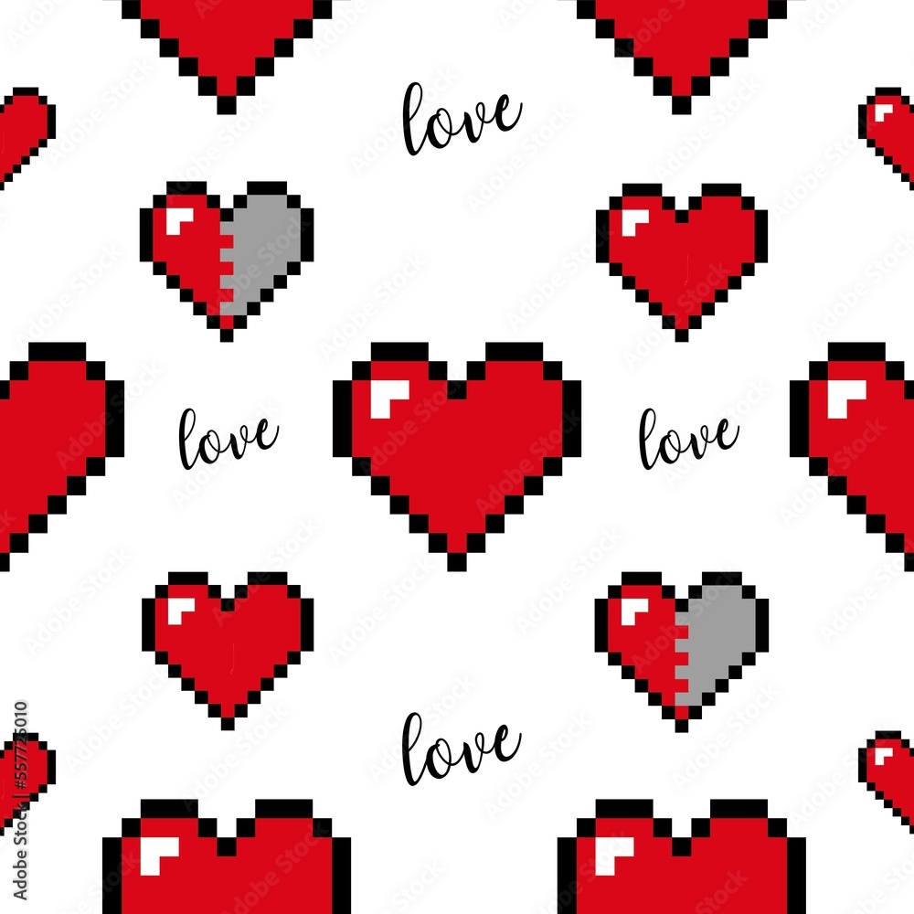 Red pixel heart background. Valentines seamless pattern, pixel art ...