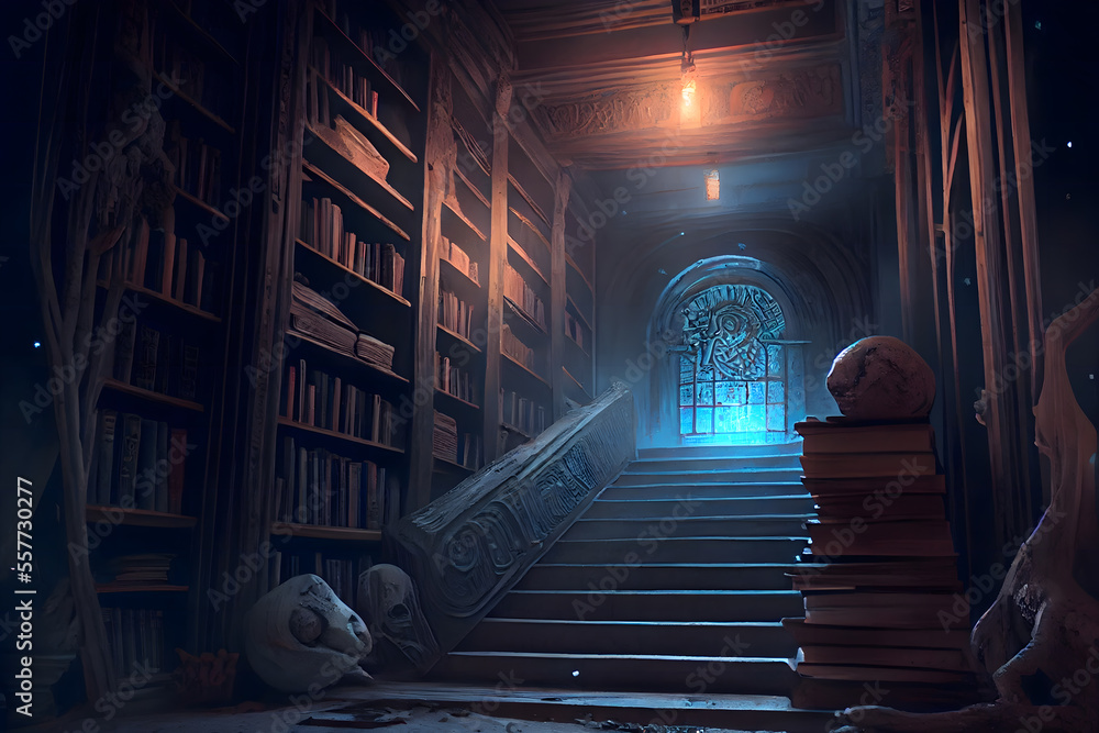 Ancient Egyptian library, cold stone floor, books in the dust, a ...