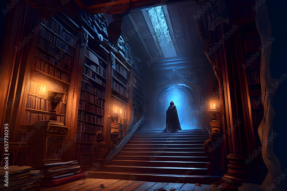 Ancient Egyptian library, cold stone floor, books in the dust, a ...