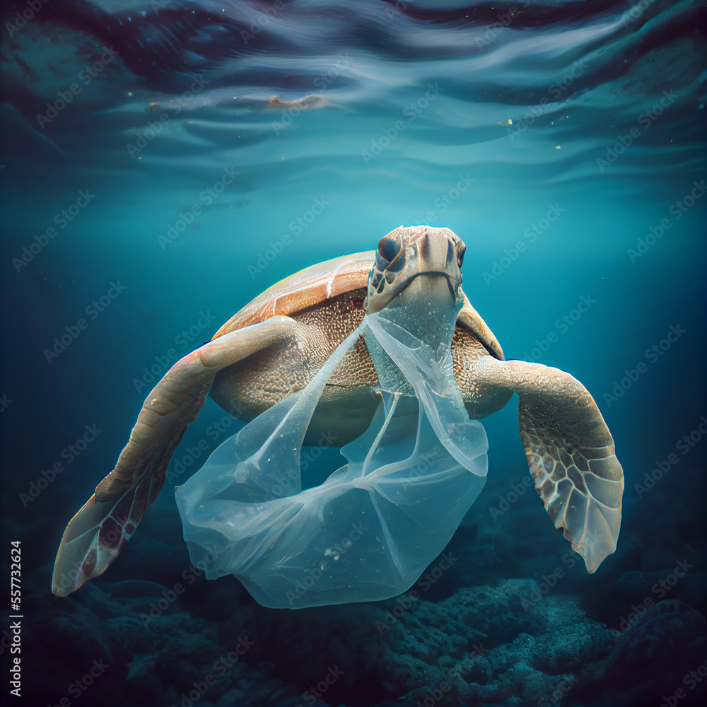 Turtle with a plastic bag, plastic pollution in oceans, generative ai ...