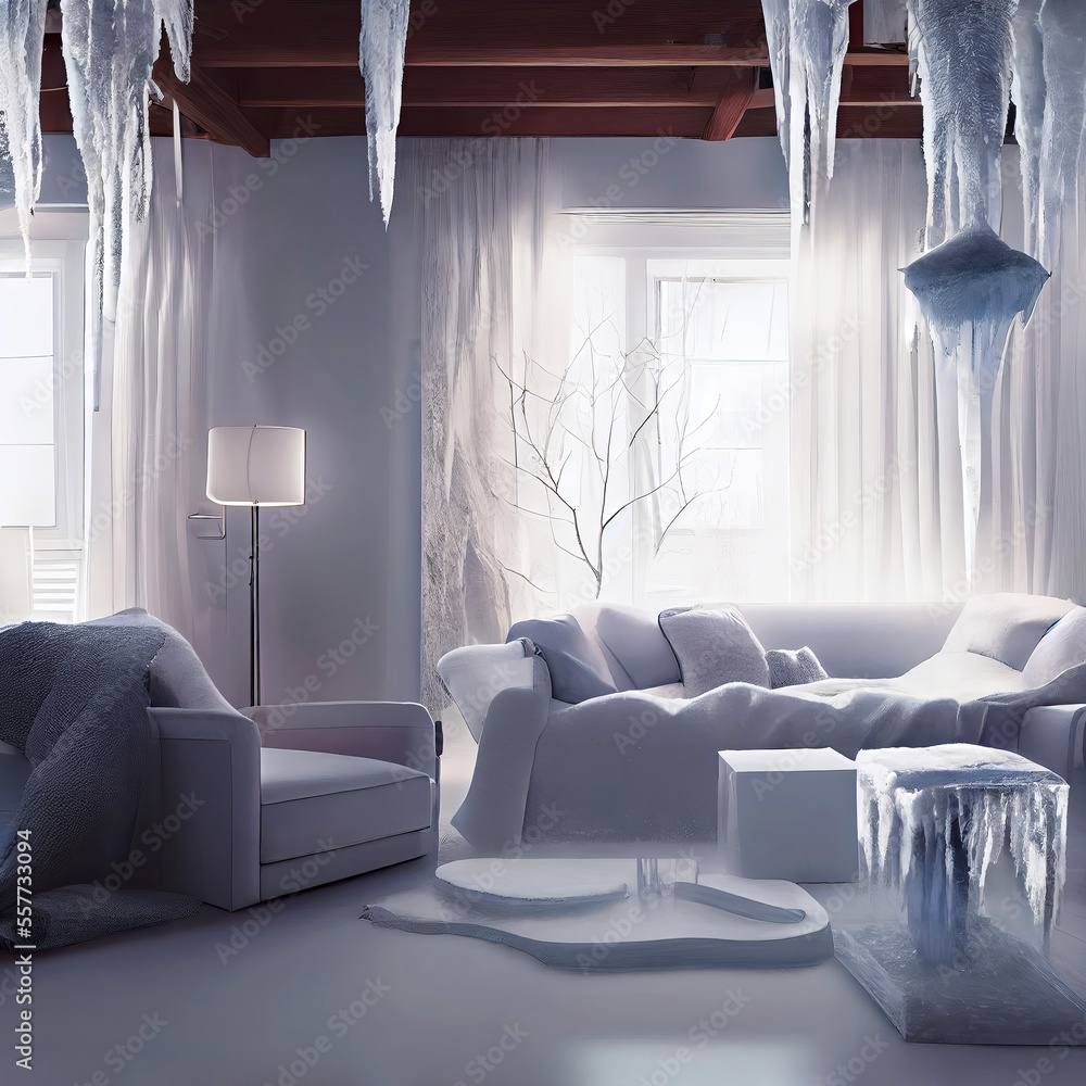 Cold frozen ice in scandinavian living room as winter concept ...