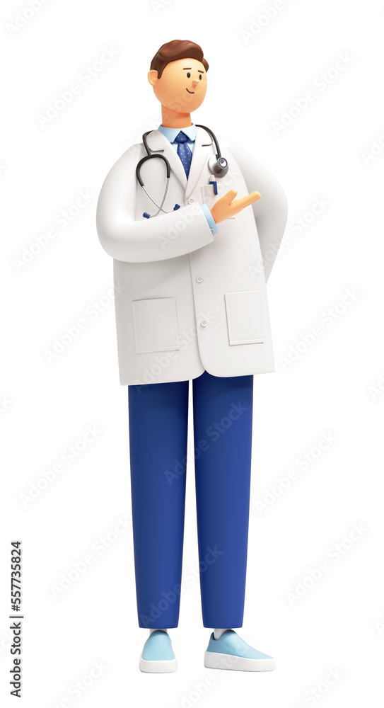 3d render. Doctor cartoon character standing, wearing white lab coat ...