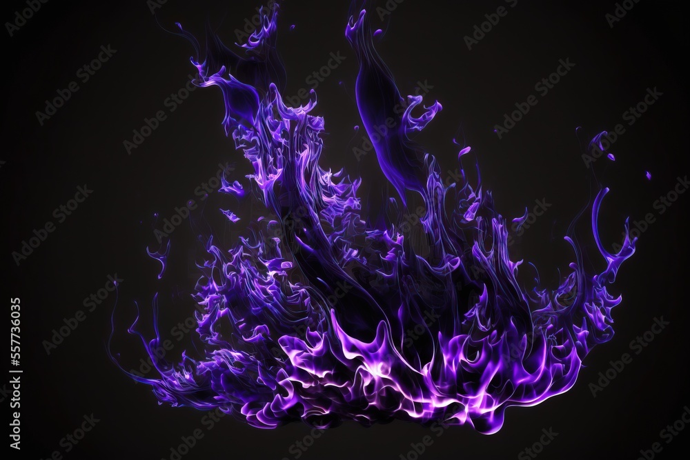a purple fire is shown in the dark sky with a black background and a ...