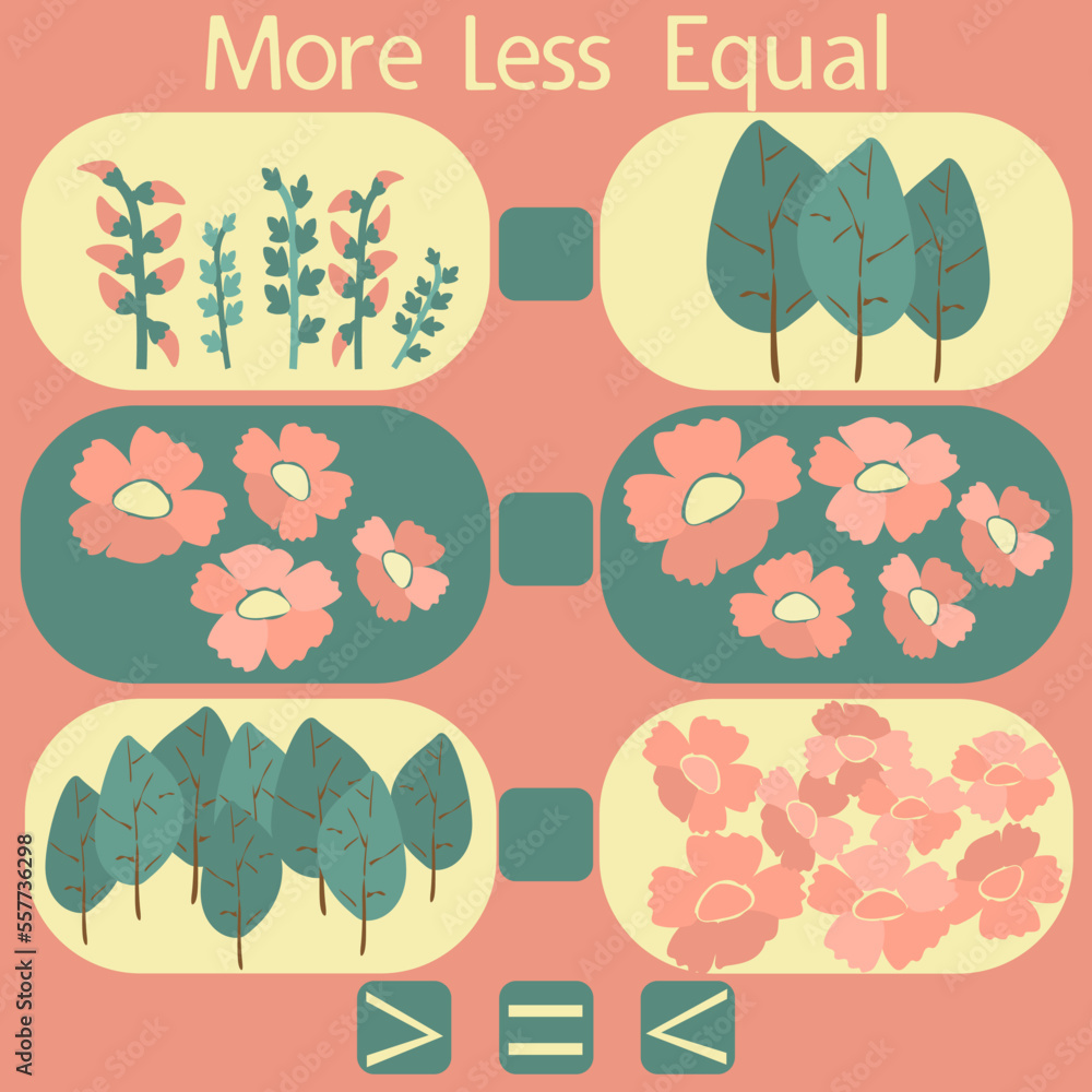 count the flowers in the picture and put a sign greater than, less than ...