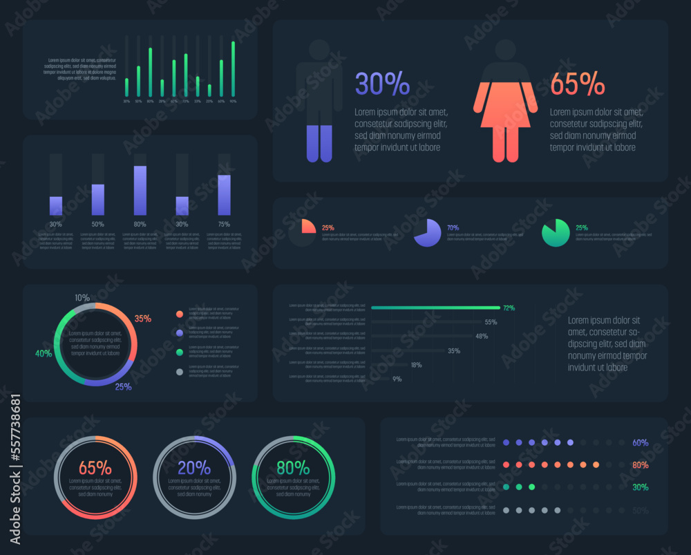 Darkmode Infographics with statistics and colorful elements. Thin line ...