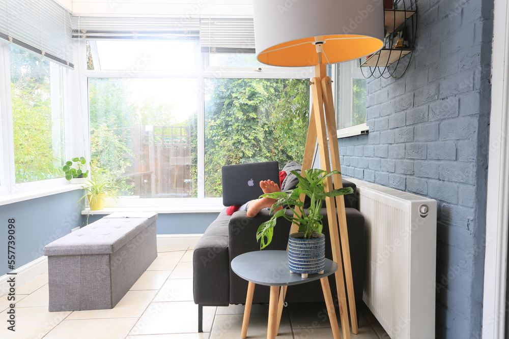 teen girl lying on the couch on a laptop doing her homework Stock Photo ...