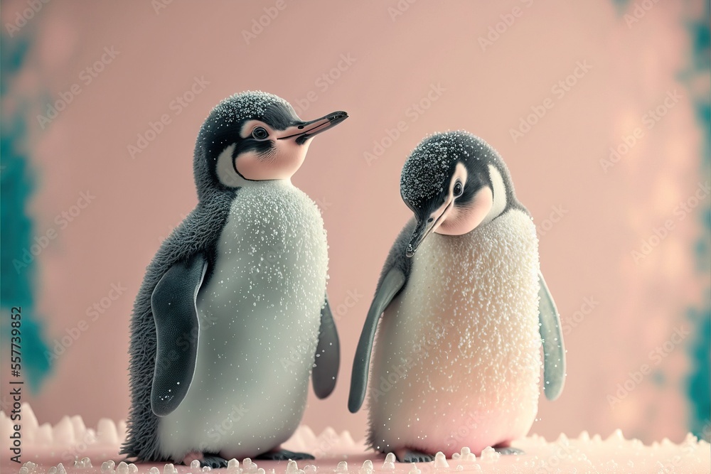 two penguins standing next to each other on a pink background with snow ...