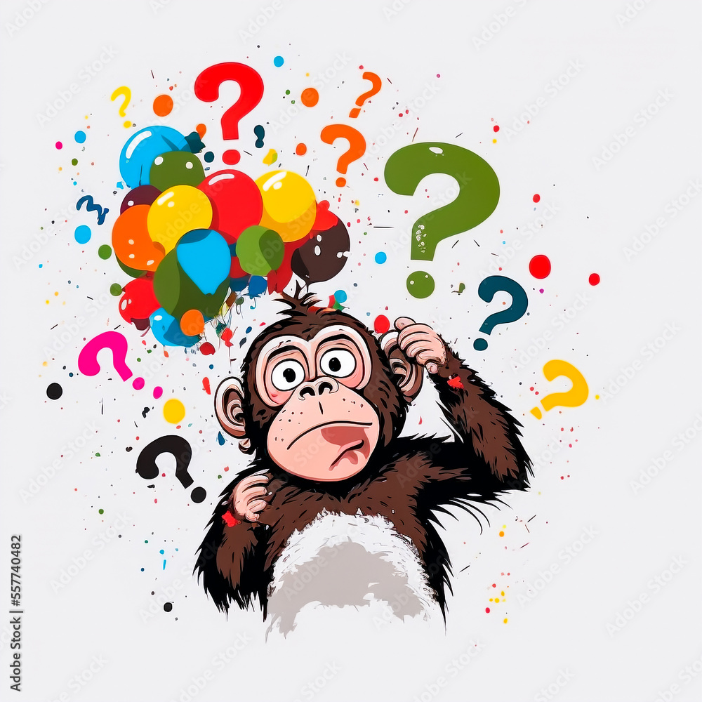 Drawing of a confusing, thinking monkey with lots of colour question ...
