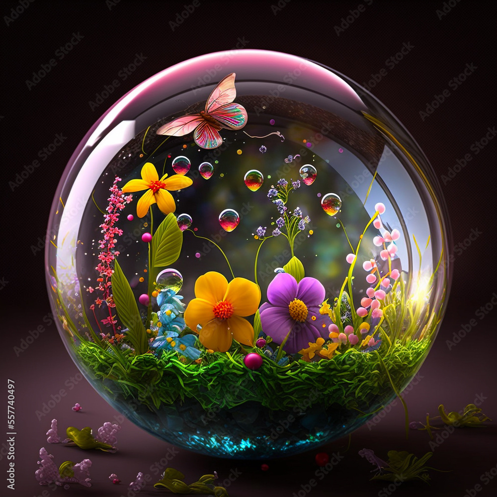 Glass ball with a beautiful spring composition inside, which includes ...