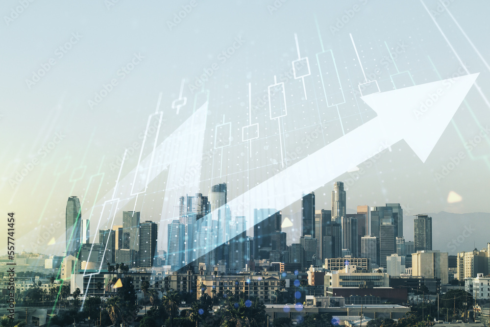 Abstract creative financial diagram and upward arrow hologram on Los ...