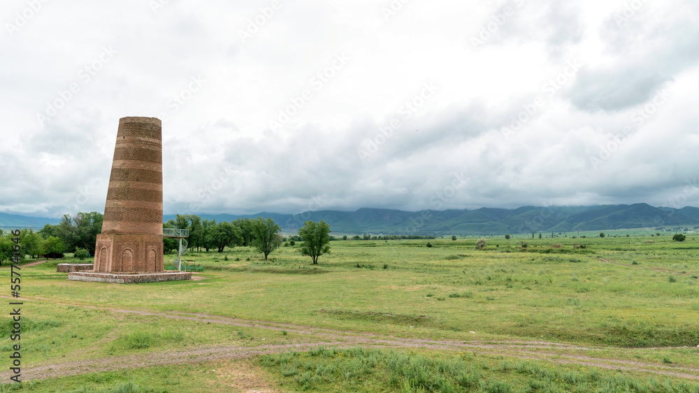 Old Burana tower located on famous Silk road, Kyrgyzstan, is an 11th ...