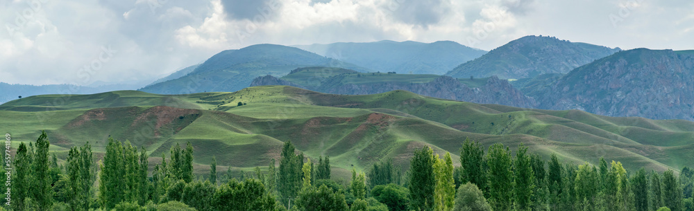 Kyrgyzstan nature green landscape with vast mountains. Kyrgyzstan is a ...