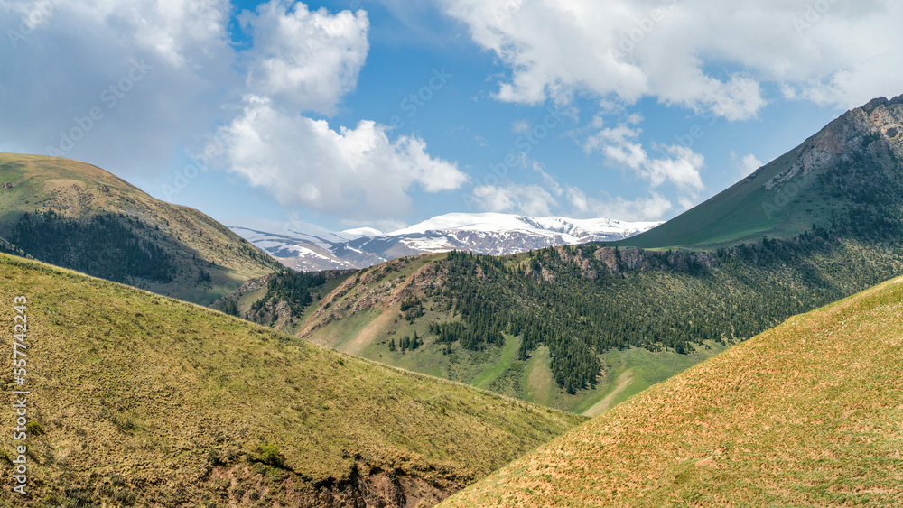 Kyrgyzstan nature green landscape with vast mountains. Kyrgyzstan is a ...