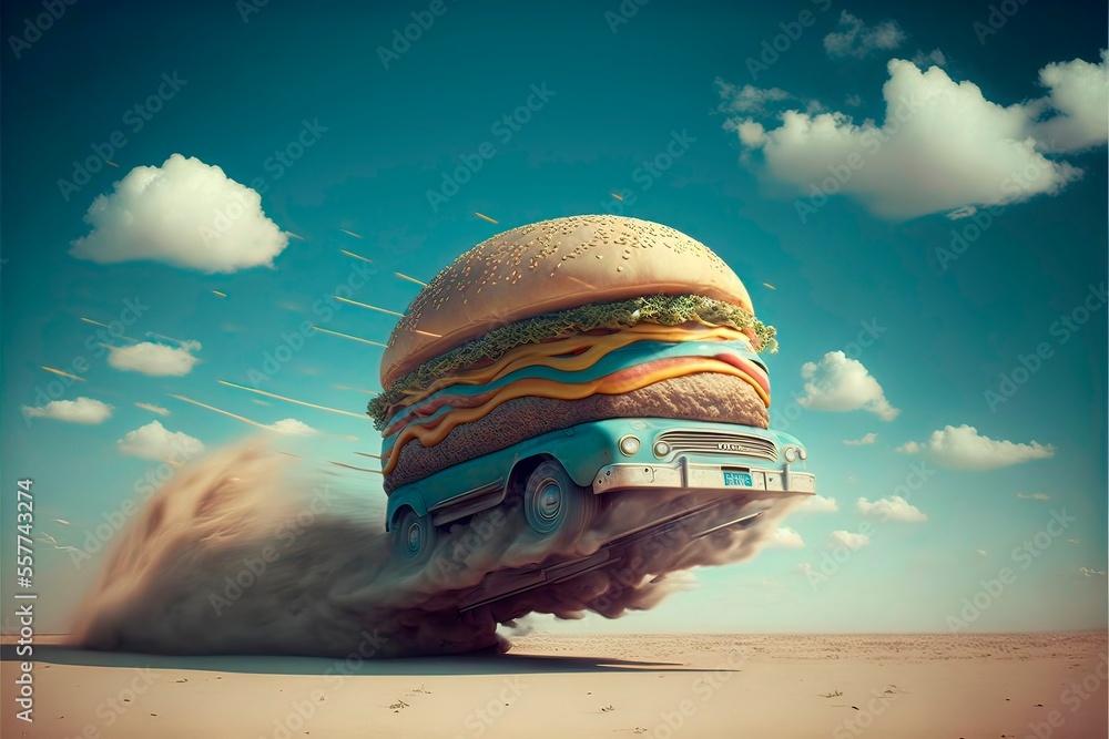Burger delivery. Fast hamburger car. Cheeseburger as fast food car ...