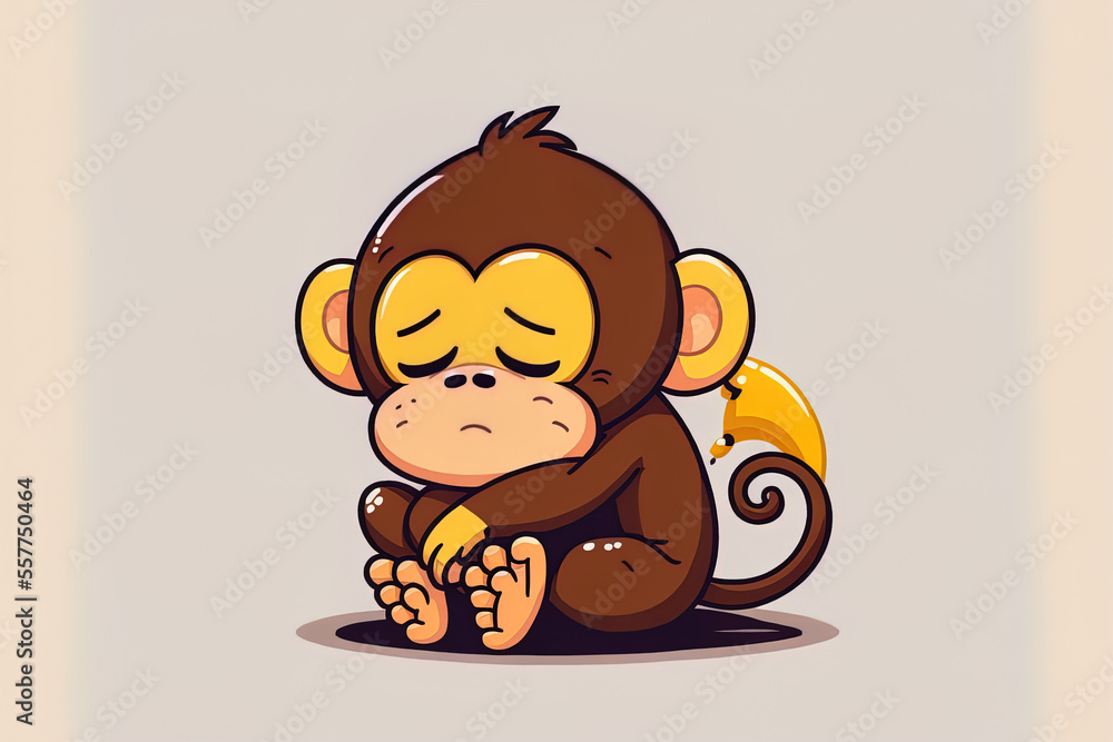 cute cartoon image of a monkey dozing on a banana. animal nature symbol ...