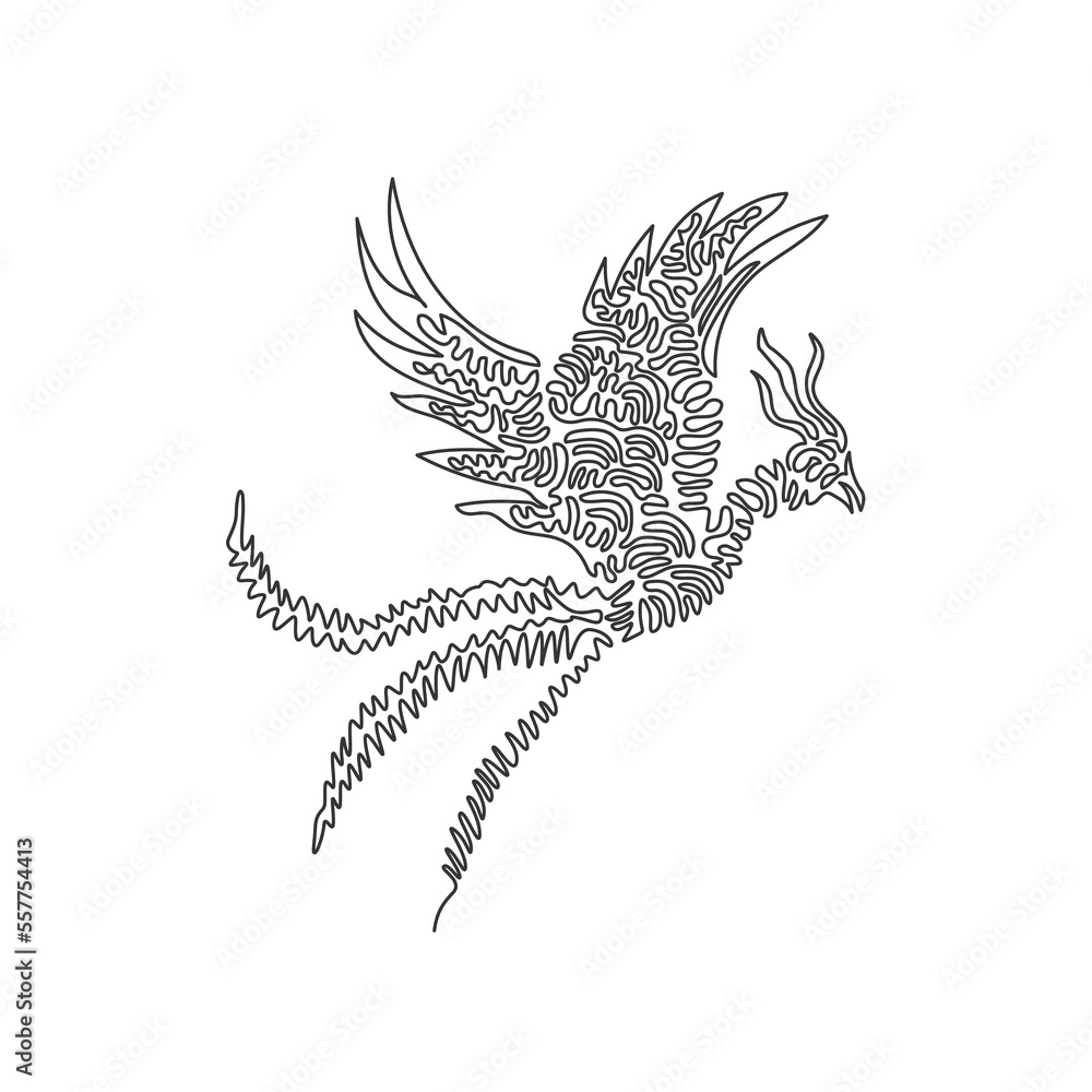 Single swirl continuous line drawing of cute phoenix abstract art ...