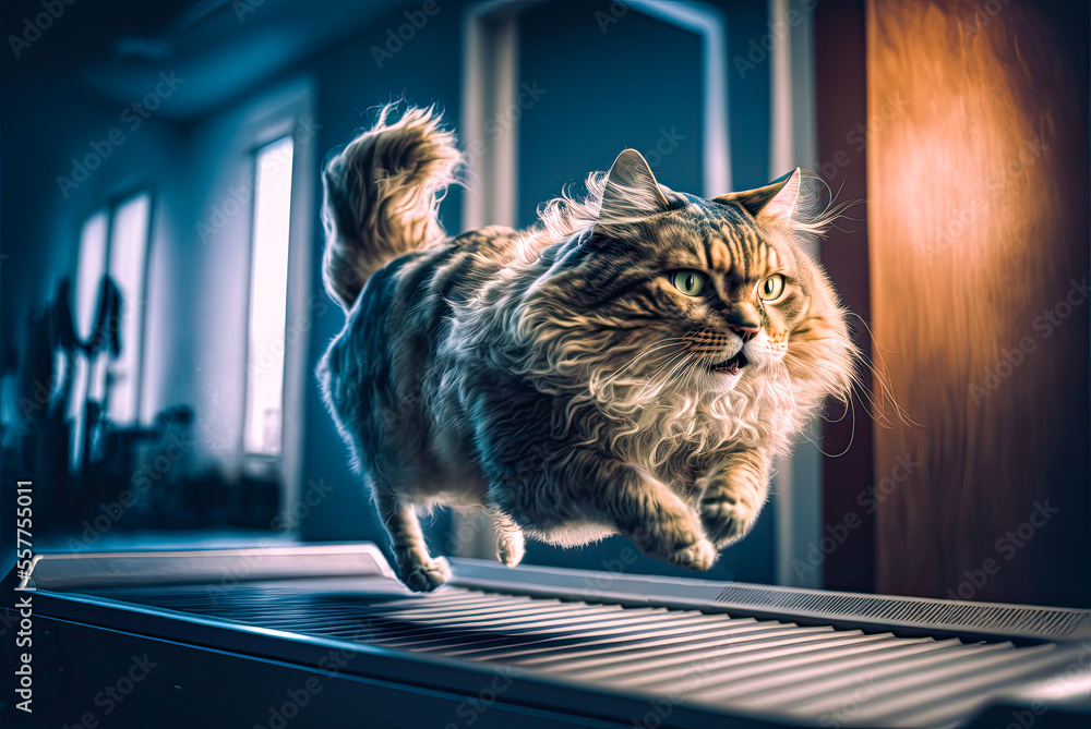 Cat running on a treadmill in a gym. Generative AI Stock Illustration ...