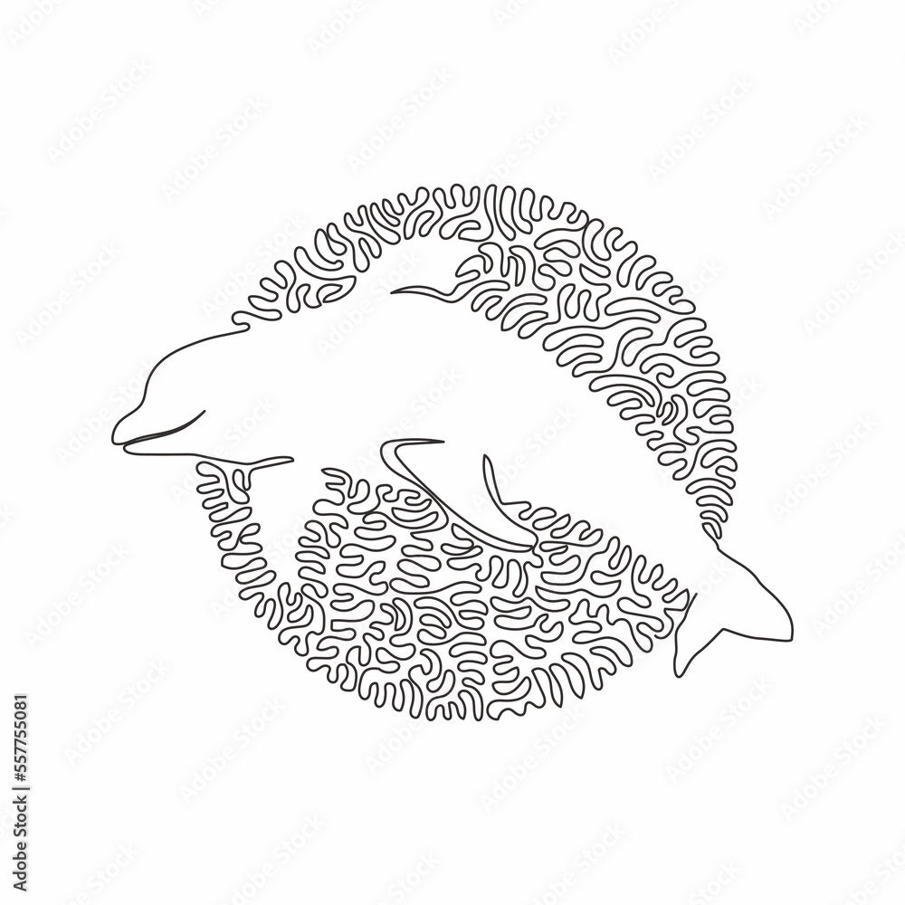 Continuous Curve One Line Drawing Of Adorable Dolphin Abstract Art In Circle Single Line