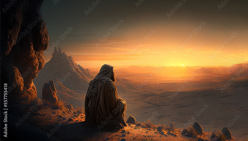 Jesus Christ sitting and looking at a sunset in desert. Generative AI ...