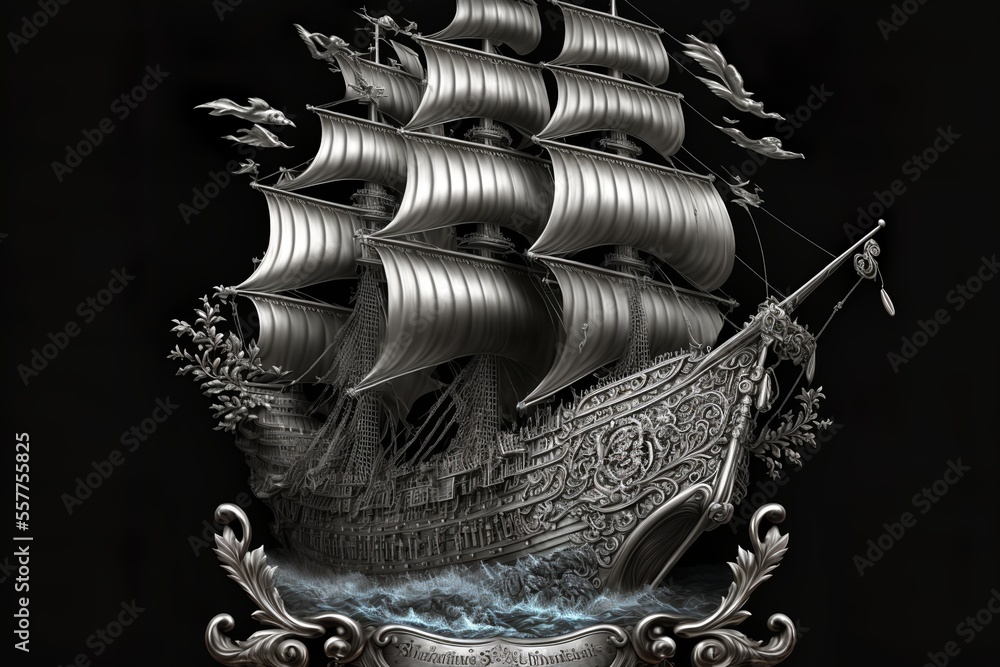 Pirate sailing ship gold and silver logo in Neverland with black ...