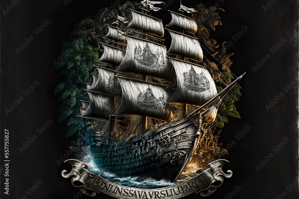 Pirate sailing ship gold and silver logo in Neverland with black ...
