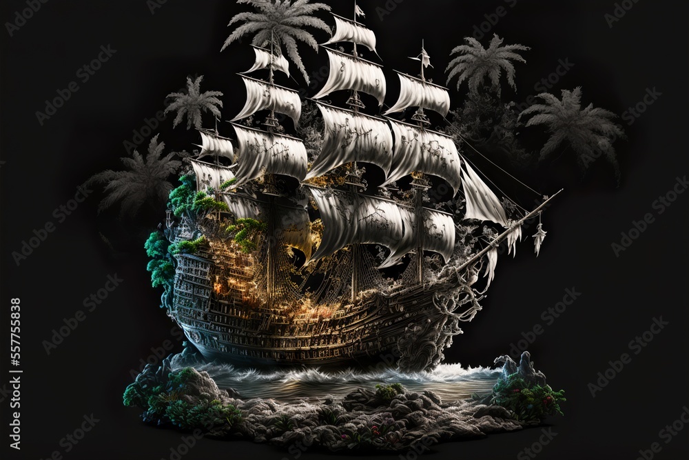 Pirate sailing ship gold and silver logo in Neverland with black ...