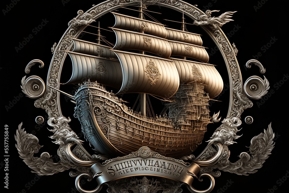 Pirate sailing ship gold and silver logo in Neverland with black ...