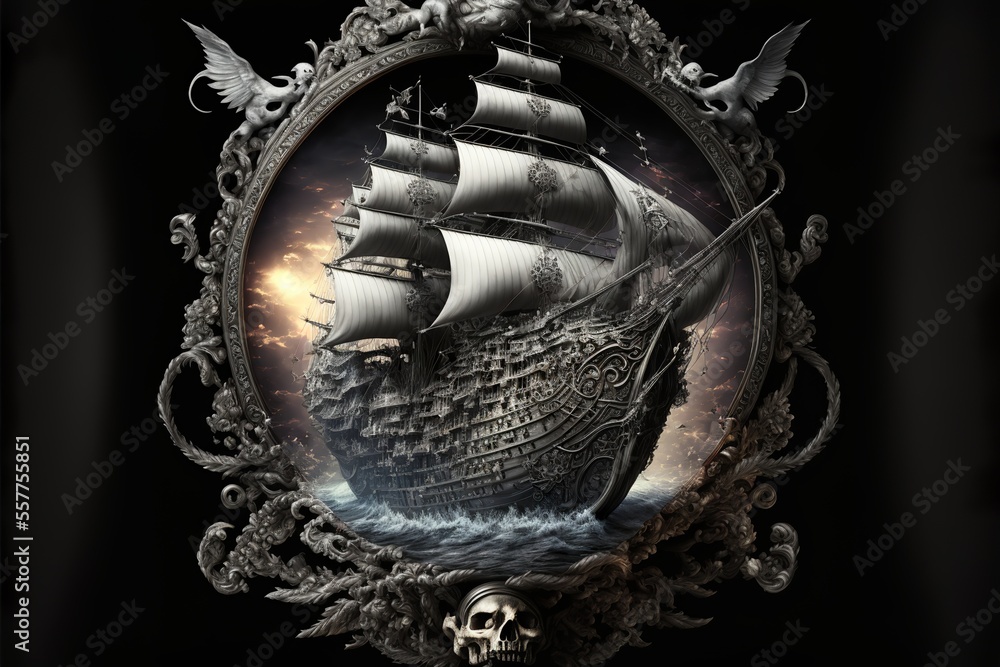 Pirate sailing ship gold and silver logo in Neverland with black ...