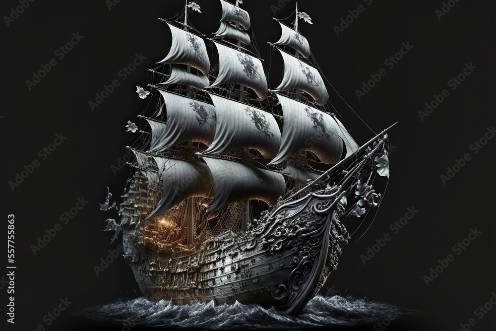 Pirate sailing ship gold and silver logo in Neverland with black ...