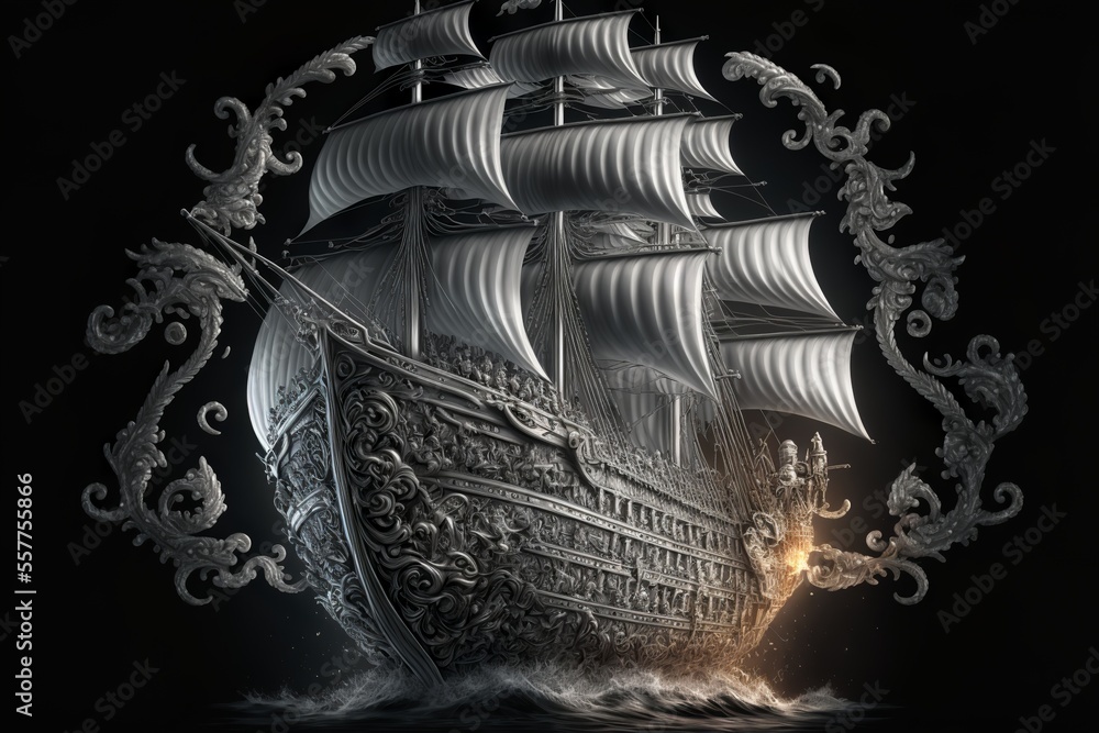 Pirate sailing ship gold and silver logo in Neverland with black ...
