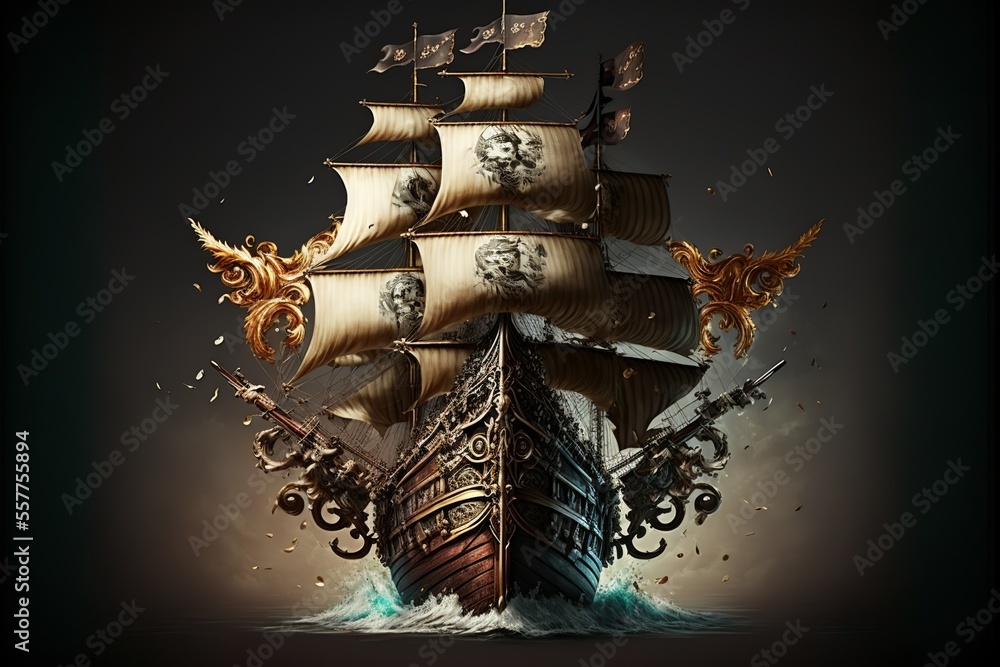 Pirate sailing ship gold and silver logo in Neverland with black ...