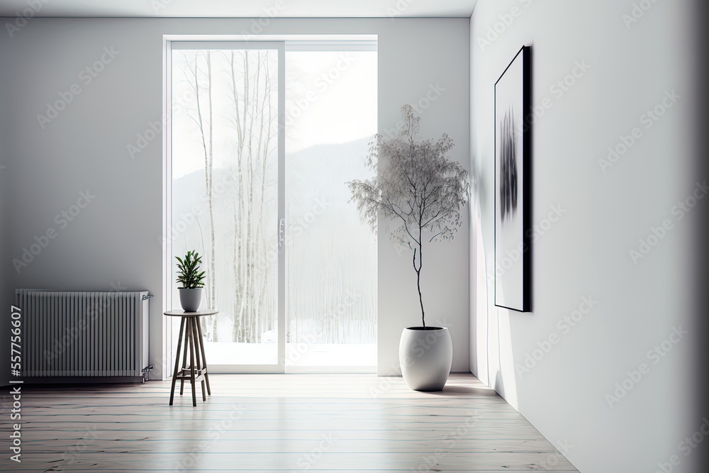Interior of a white, barren, minimalist room with a hardwood floor, a ...