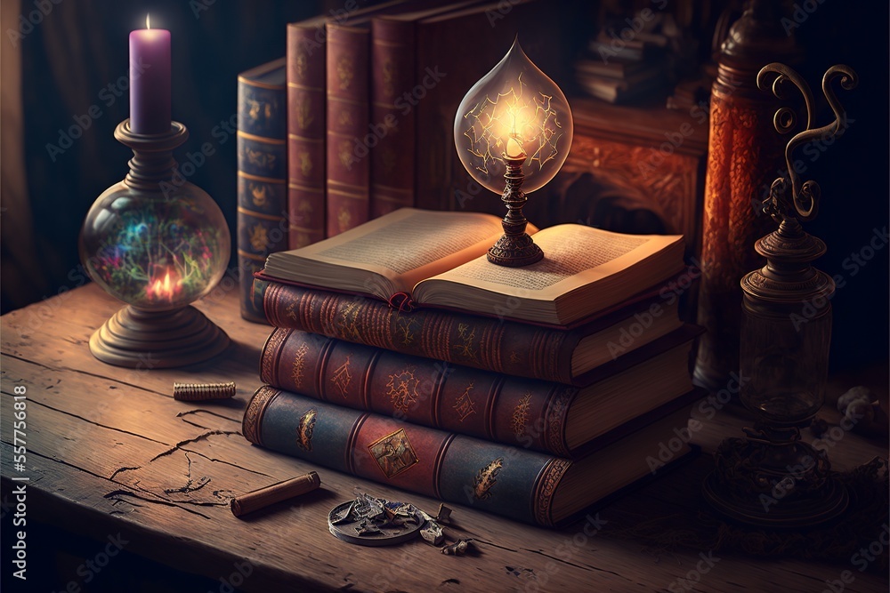 Fantasy laboratory mockup in a library interior rpg rolaplay setting ...