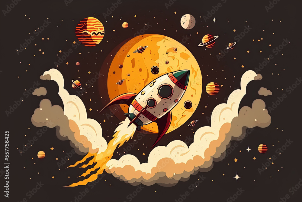 Cartoon spacecraft circling the moon picture. (vertical). Generative AI ...