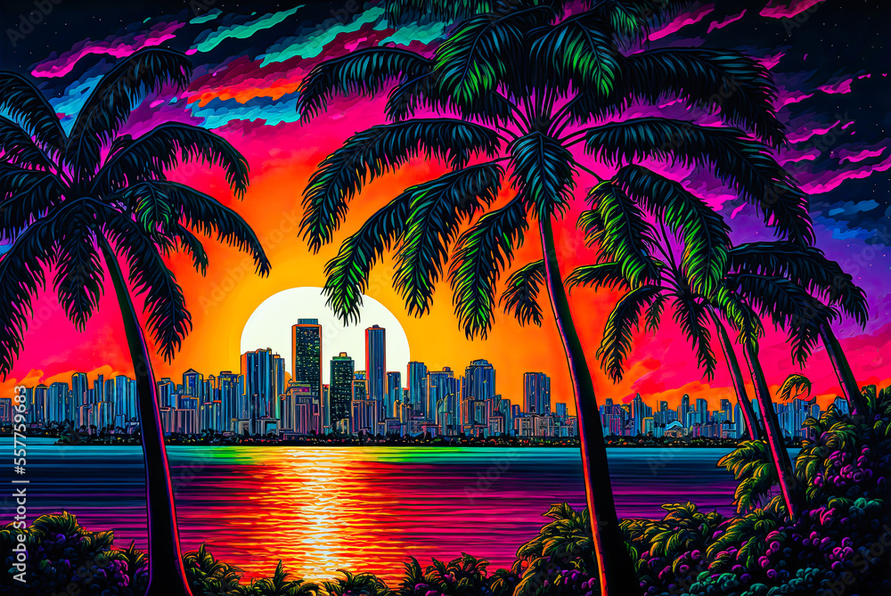 Miami Florida skyline at sunset, acrylic painting. Generative AI Stock ...
