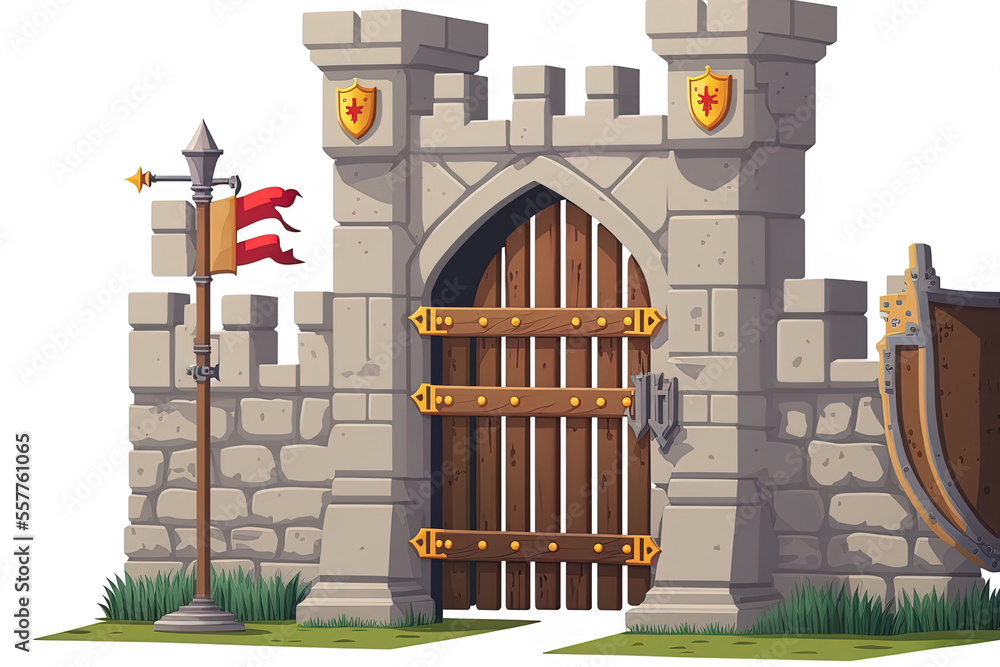 Illustration of a medieval city gate in stone, with an iron grate, a ...