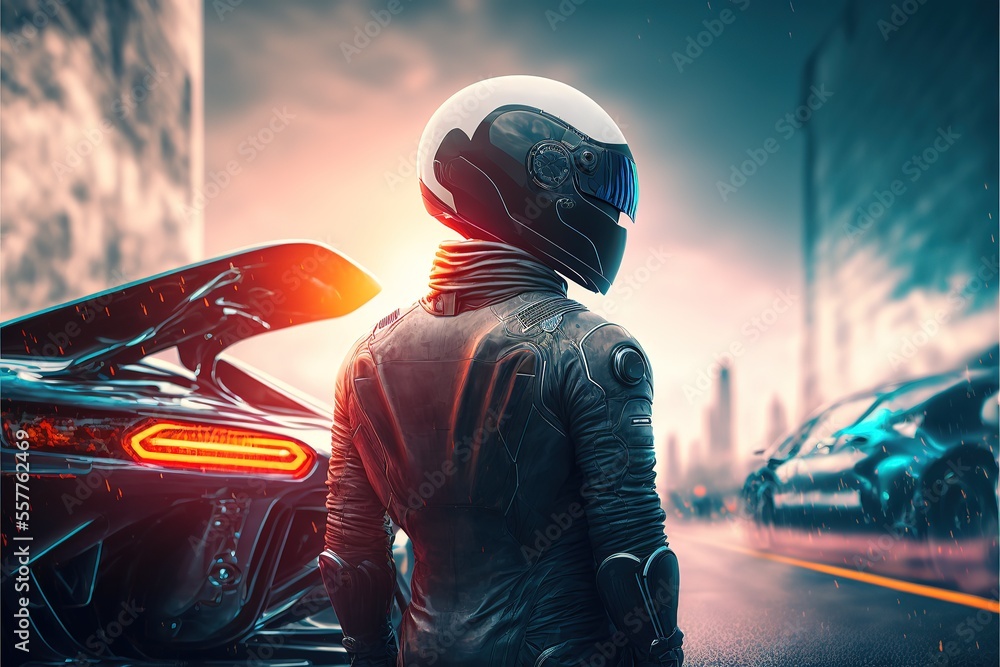 Leather suited sports car driver with helmet stands in front of hyper ...