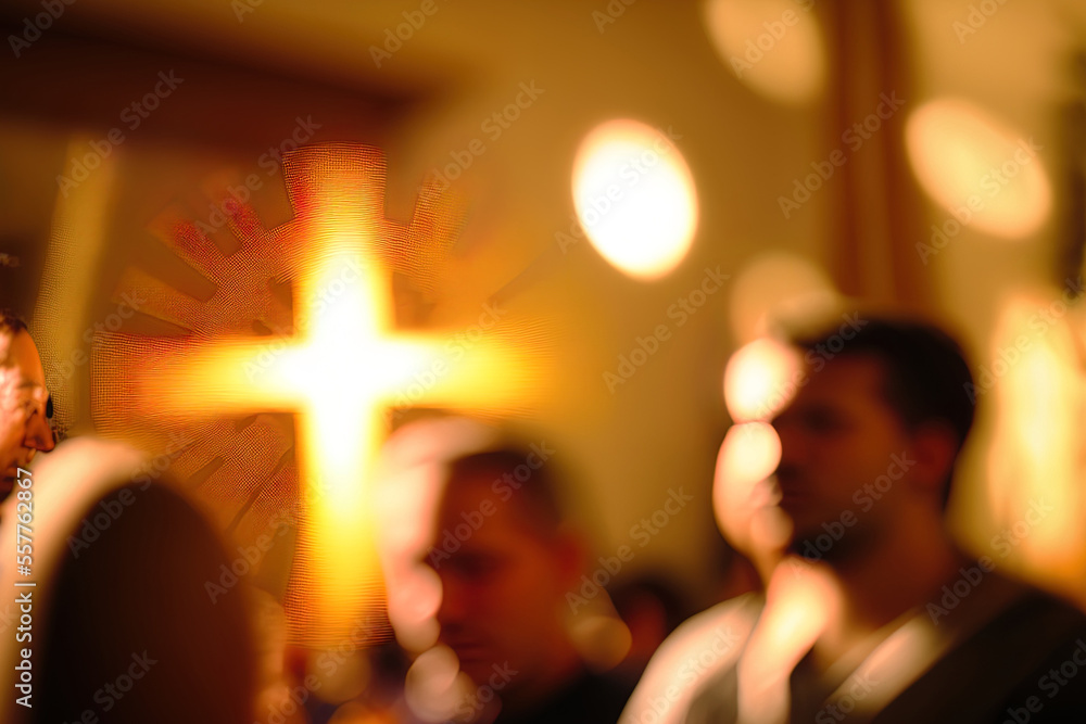 blurry, out of focus picture of a church ceremony Sunlight beams ...