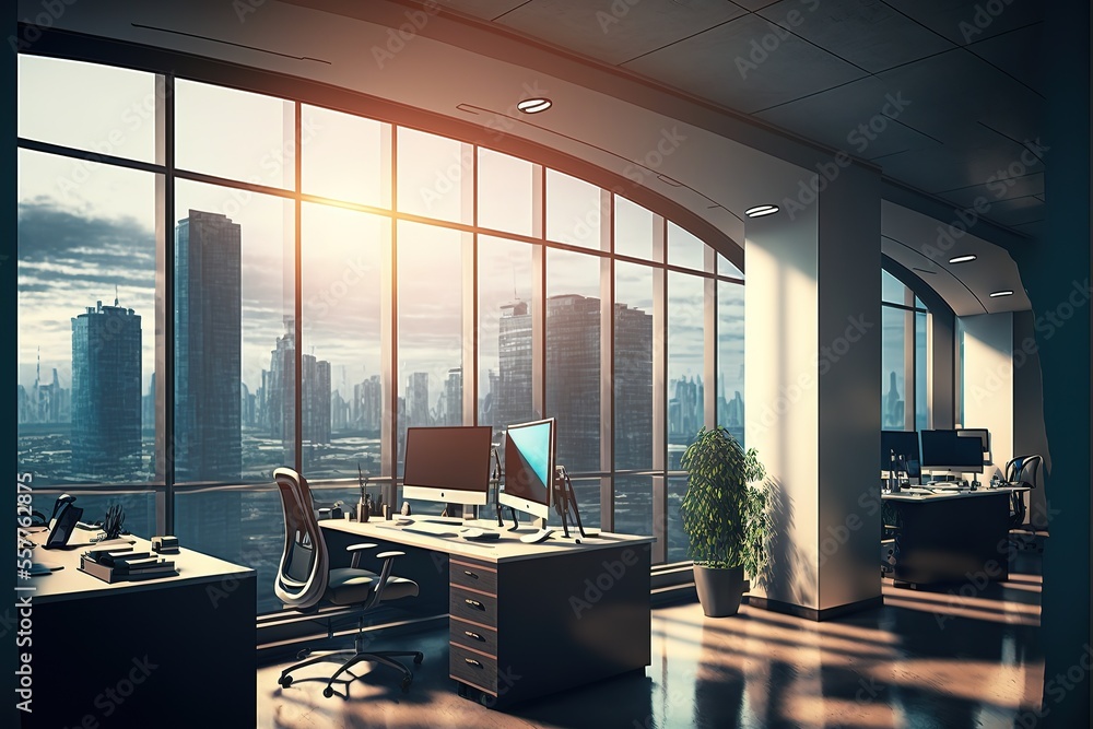 Luxury office interior hall with computers and megapolis city view ...
