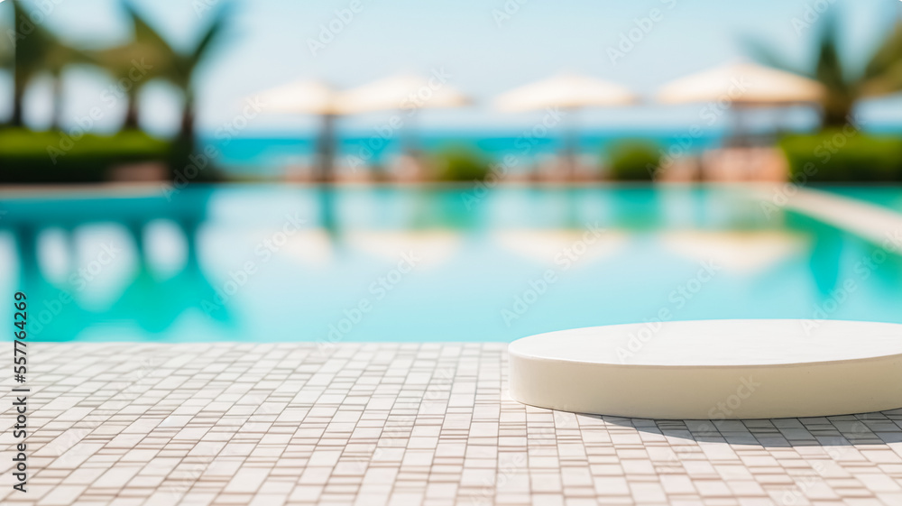 Empty ceramic mosaic table top and blurred swimming pool in tropical ...