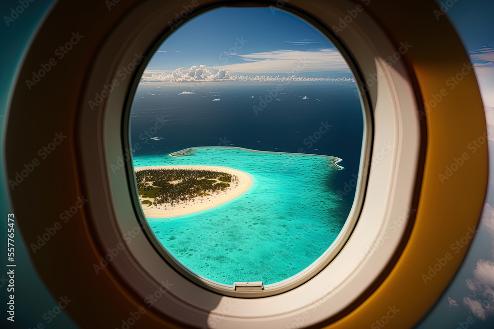 Top view of the Maldives islands as seen from an aircraft window with ...
